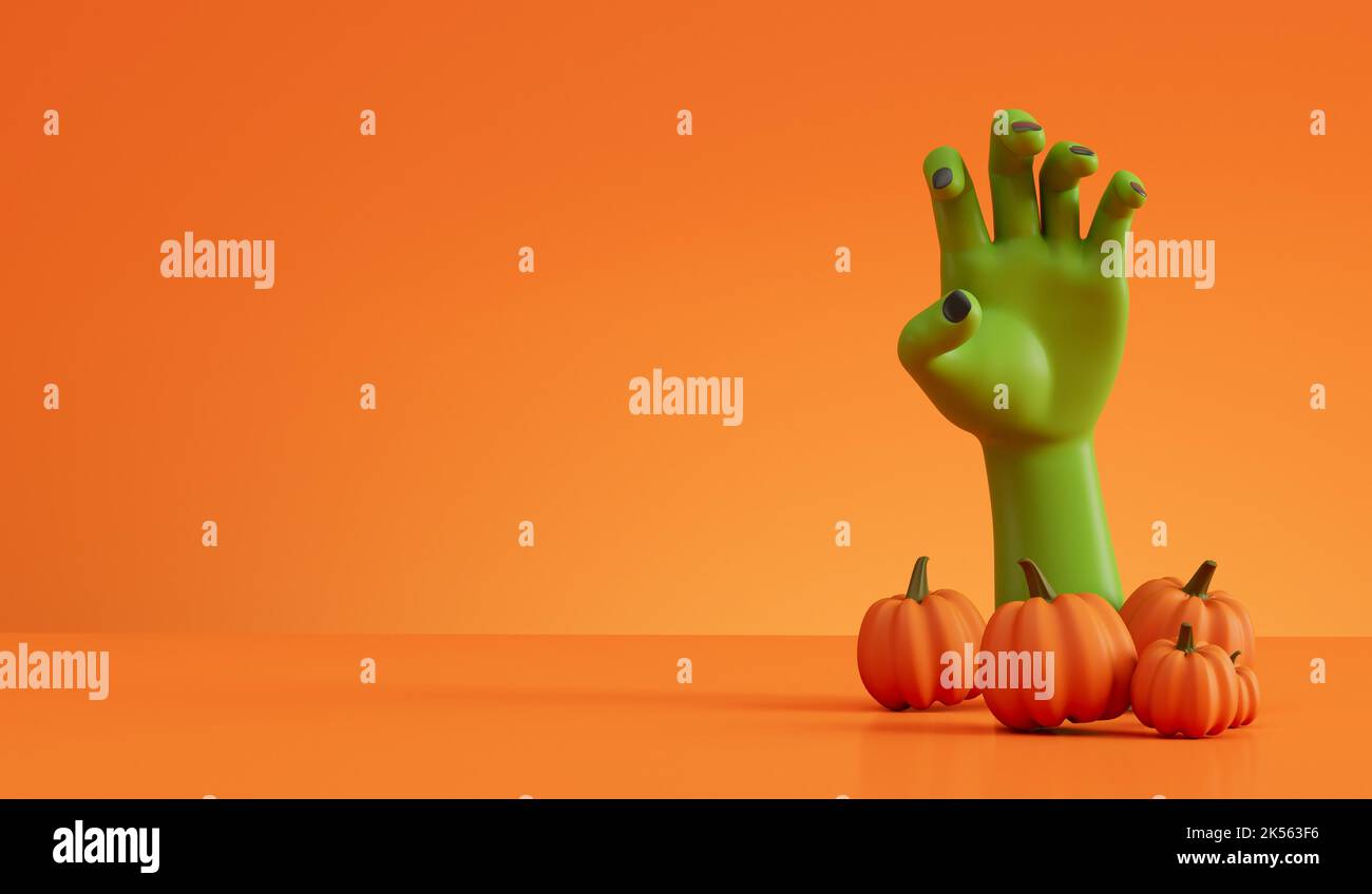 Halloween zombie monster hand reaching out from pumpkins. Halloween ...