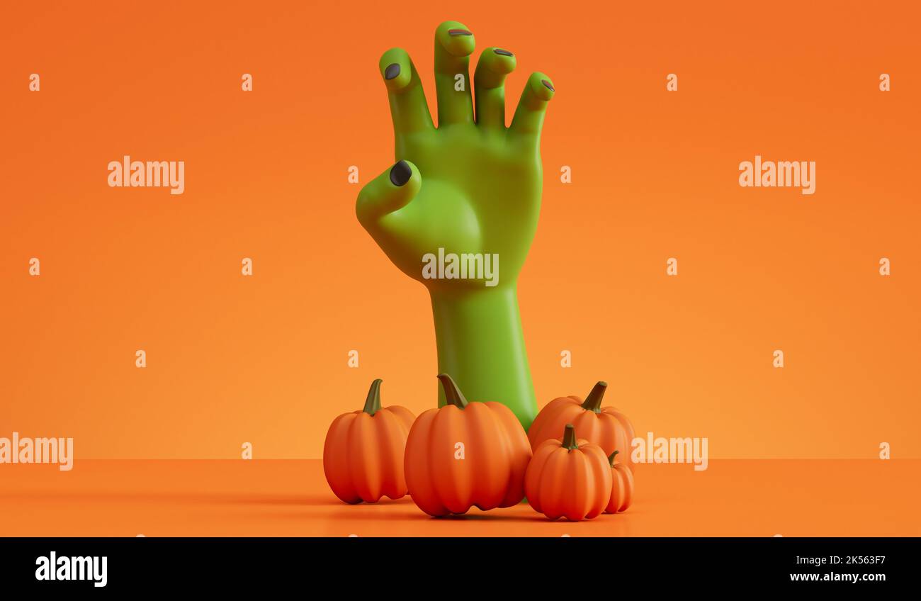 Halloween zombie monster hand reaching out from pumpkins. Halloween ...