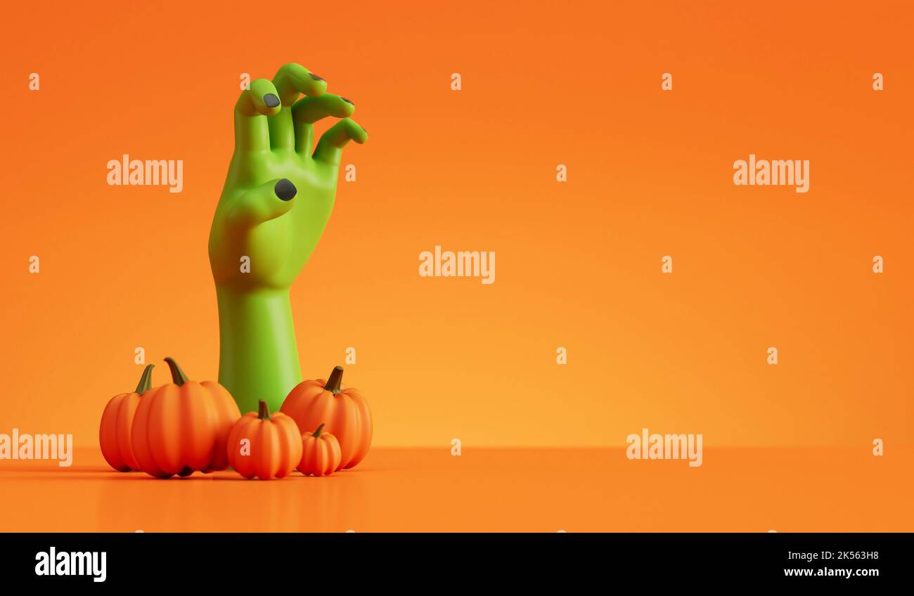 Halloween zombie monster hand reaching out from pumpkins. Halloween ...