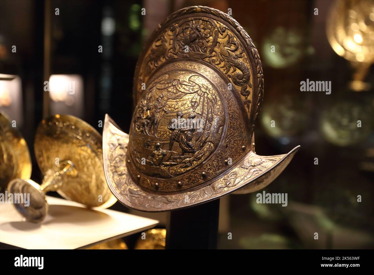 Morion (helmet), embossed iron with gold inlay from the workshop of ...