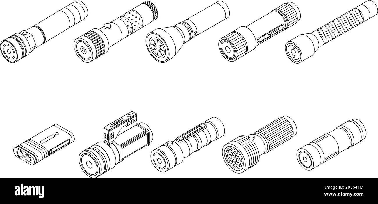 Flashlight icons set. Isometric set of flashlight vector icons outline ...