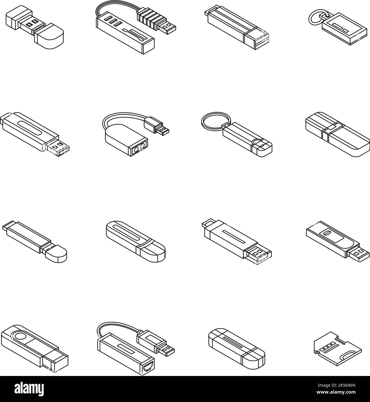 Flash drive icon set. Isometric set of flash drive vector icons outline ...