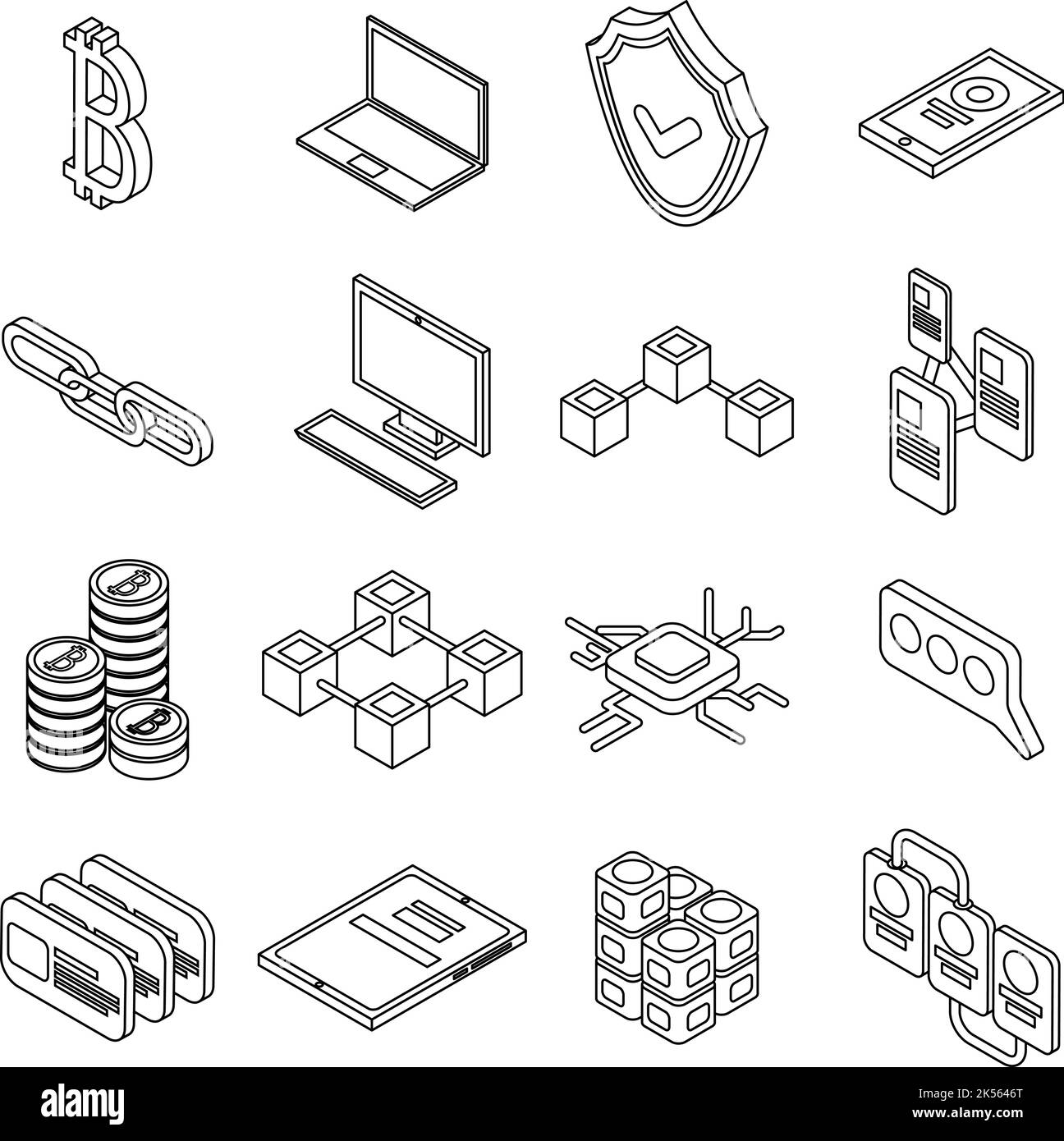 Blockchain icon set. Isometric set of blockchain vector icons outline isolated on white ...