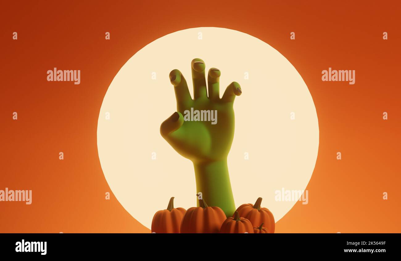 Silhouette of an undead zombie hand reaching out with a bright moon ...