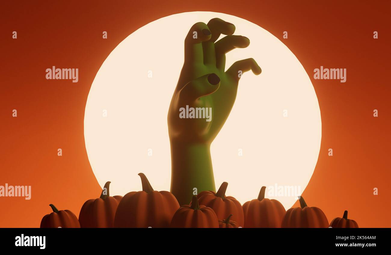 Silhouette of an undead zombie hand reaching out with a bright moon ...