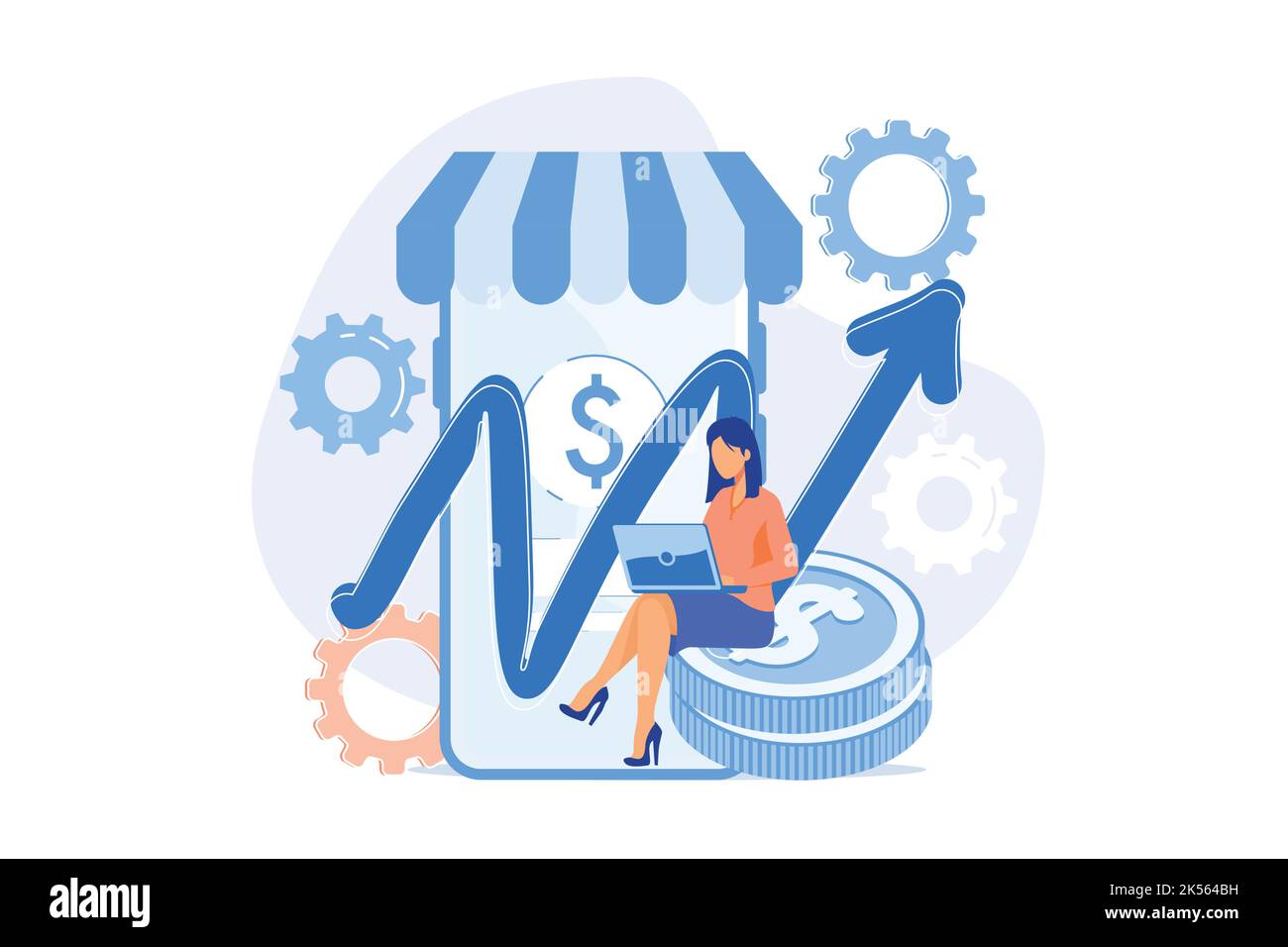 Income growth. Freelancer sitting on coins and working with laptop ...