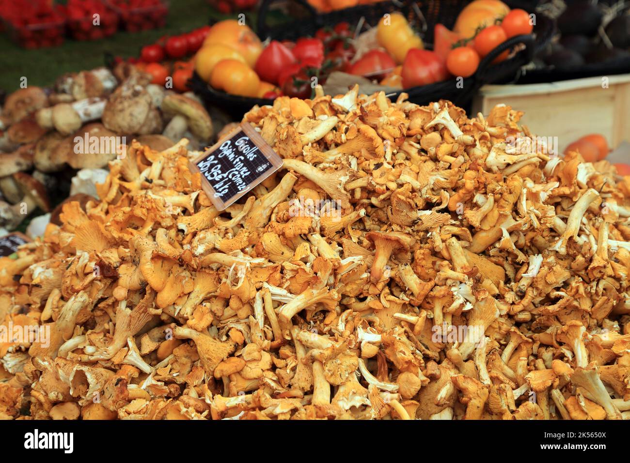 Display of Girolles mushrooms on stall in local market in Rue Noe ...