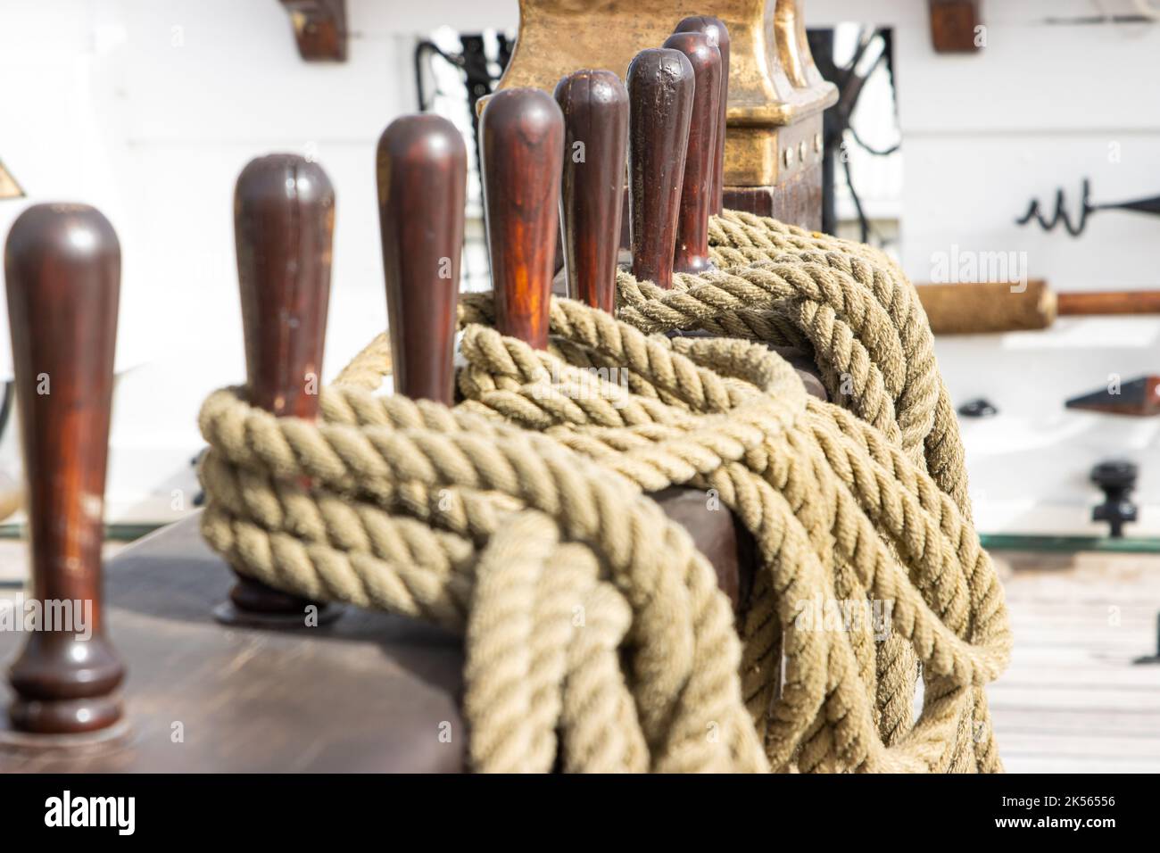 Ship's tackle on the deck of battle ship - ropes - military historical ...
