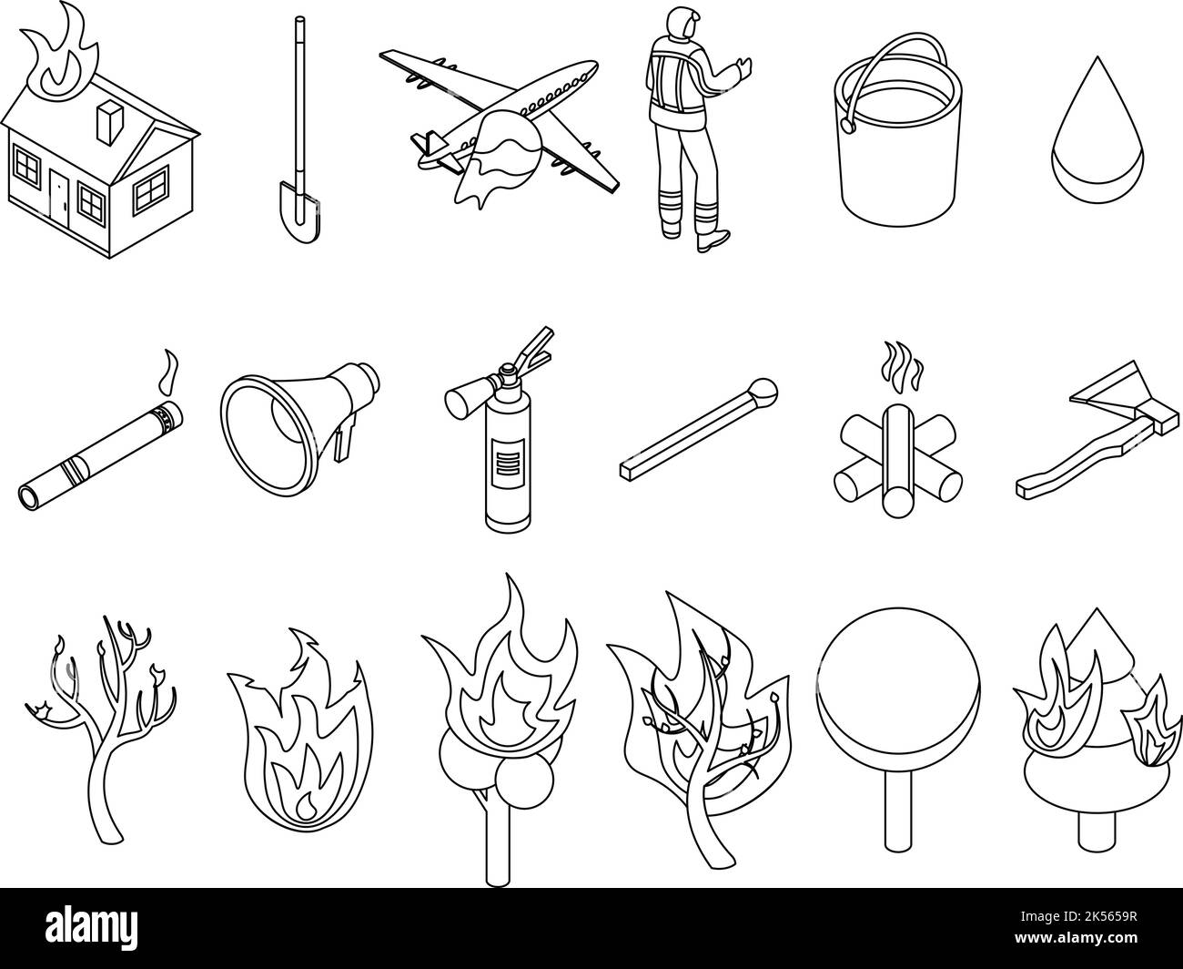 Wildfire icons set. Isometric set of wildfire vector icons outline ...