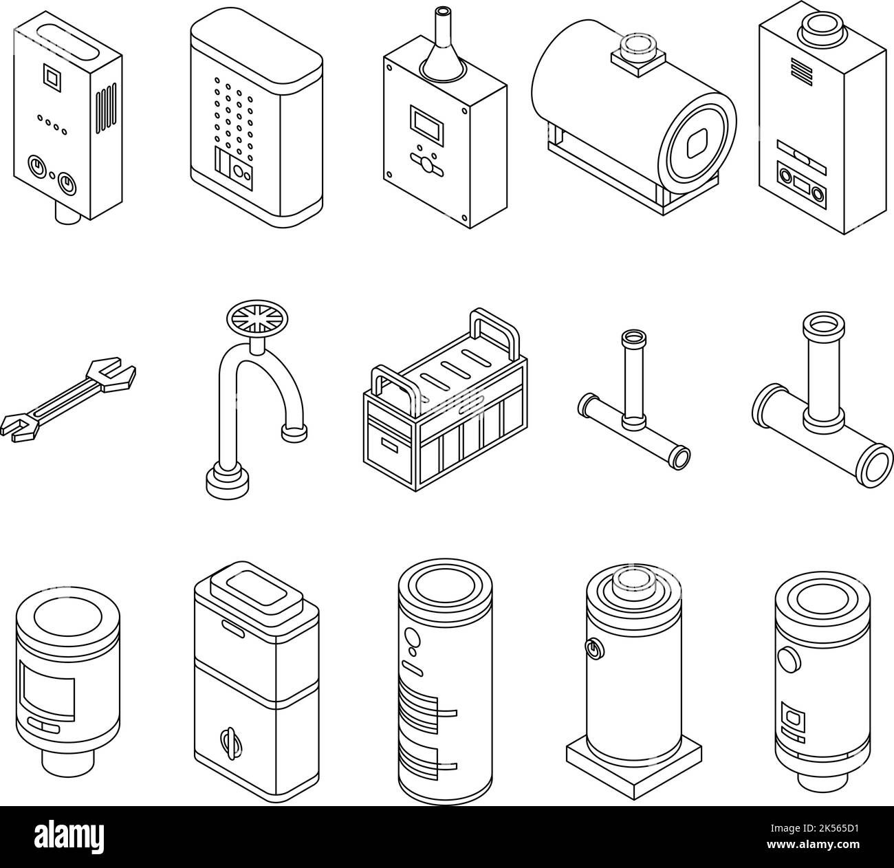 Boiler icons set. Isometric set of boiler vector icons outline isolated ...