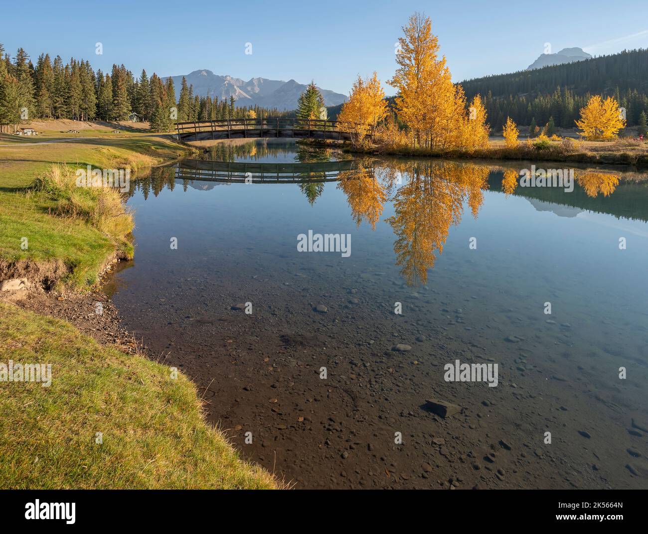 Wooden footbridge and fall colors at Cascade Pond in Banff National ...