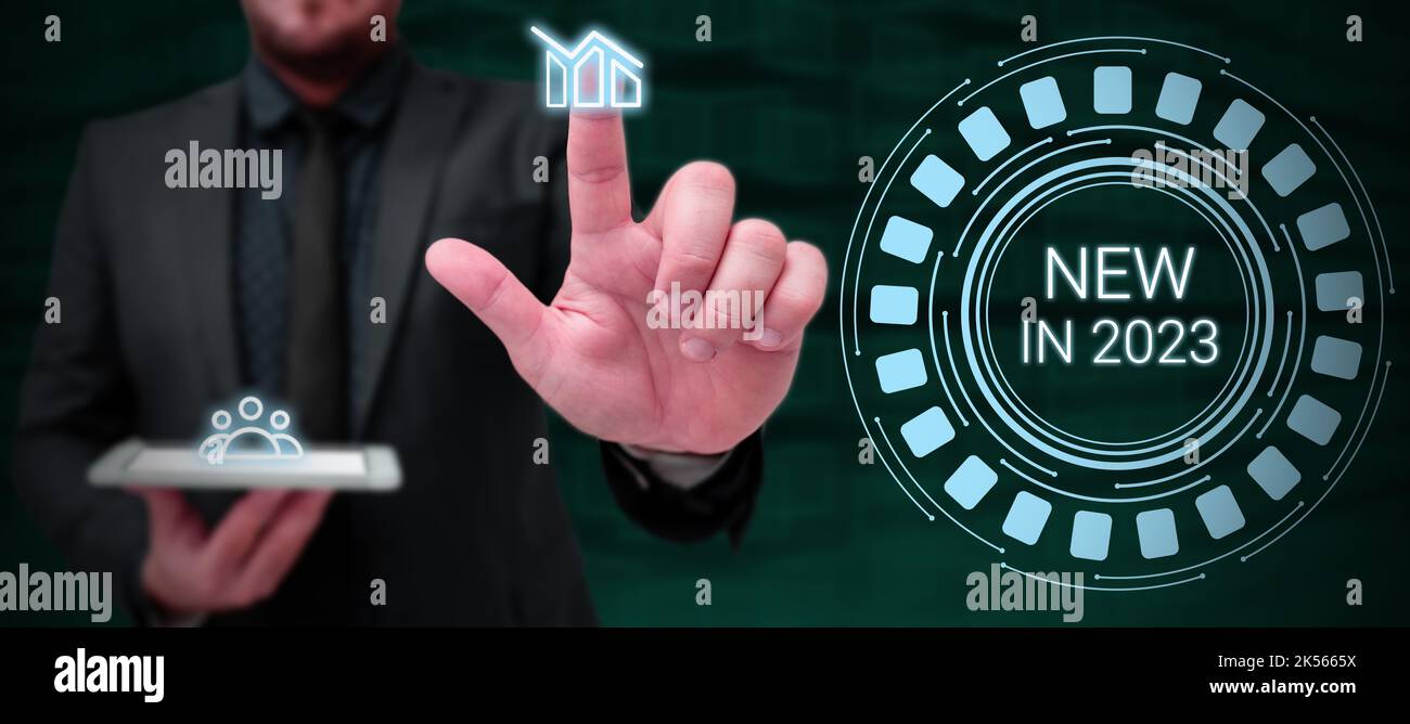 Text caption presenting New In 2023, Business showcase list of fresh ...