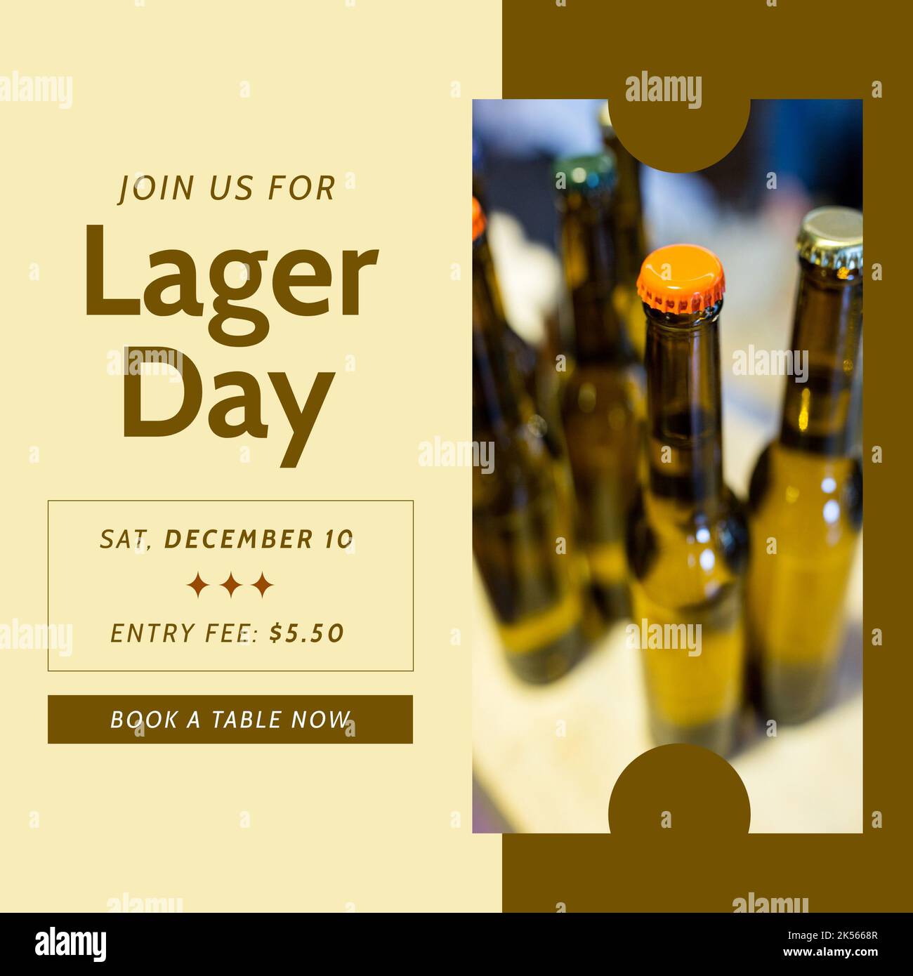 Square image of lager day and bottles of beer on yellow and brown ...