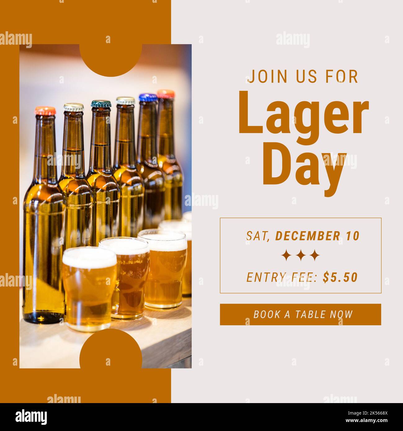 Square image of lager day and bottles of beer on brown and beige ...