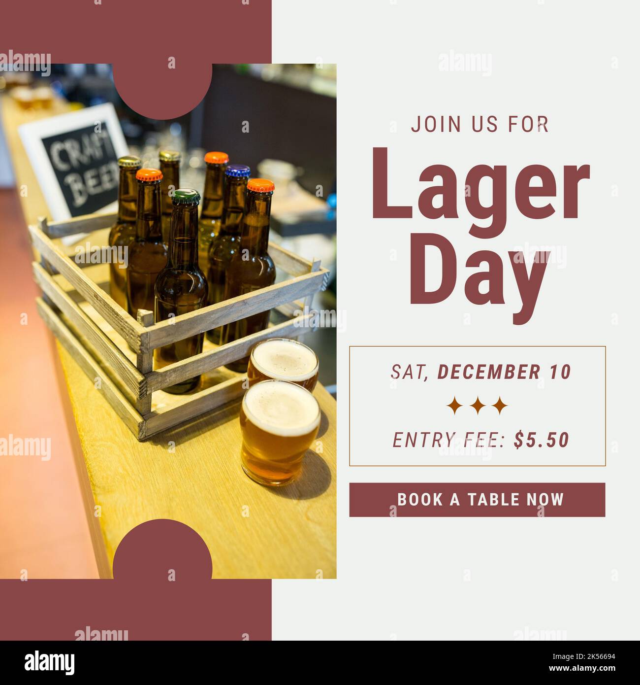 Square image of lager day and bottles of beer on brown and beige ...