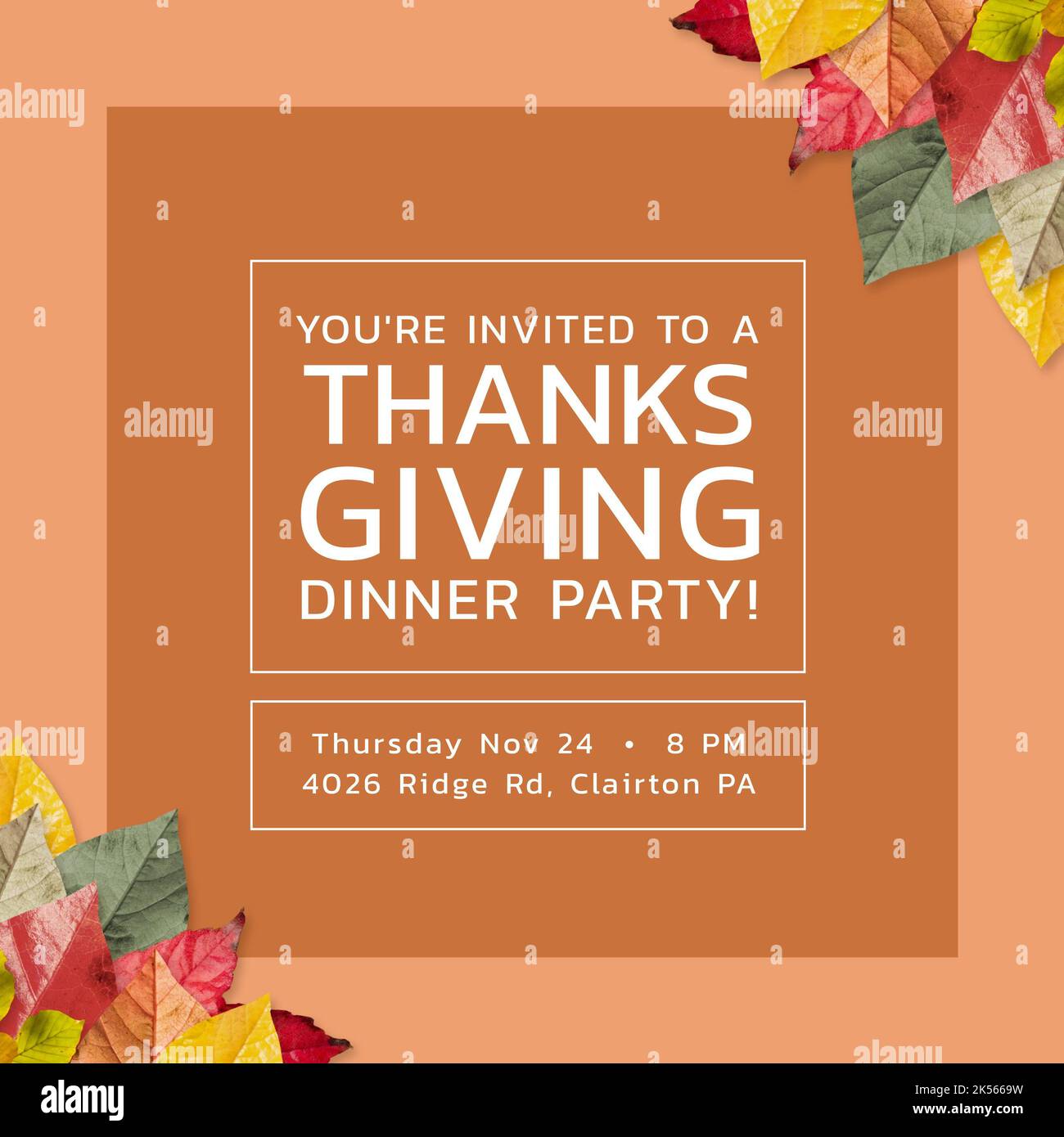 Composition of thanksgiving dinner text over leaves Stock Photo - Alamy