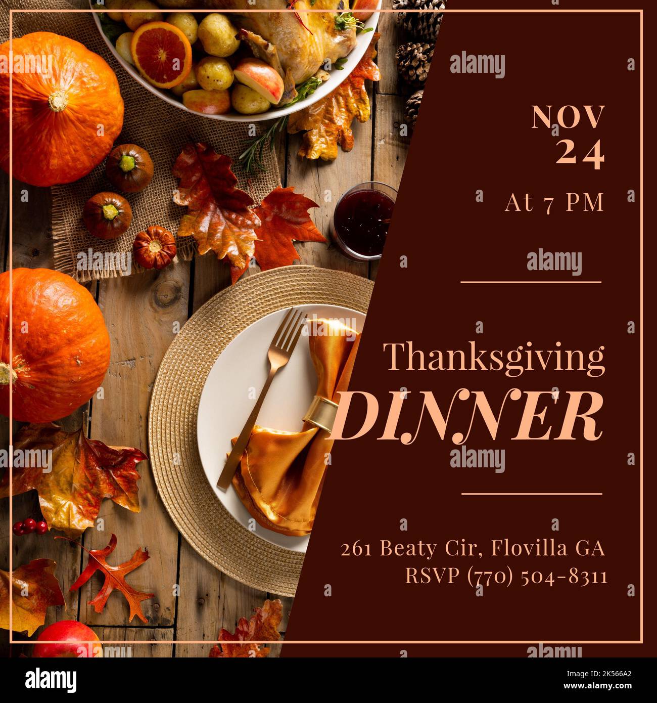 Composition of thanksgiving dinner text over dinner Stock Photo - Alamy