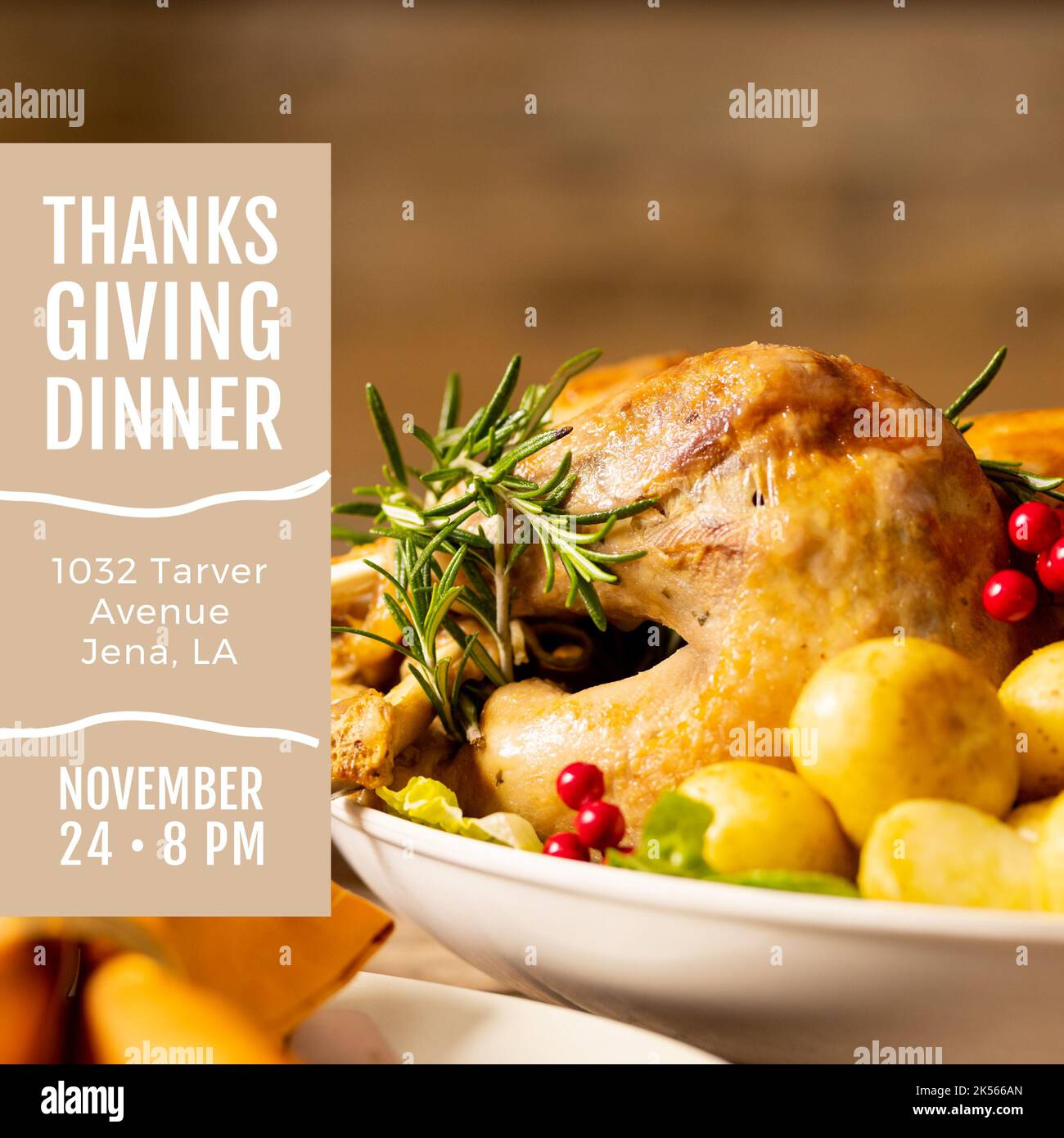 Composition of thanksgiving dinner text over dinner Stock Photo - Alamy
