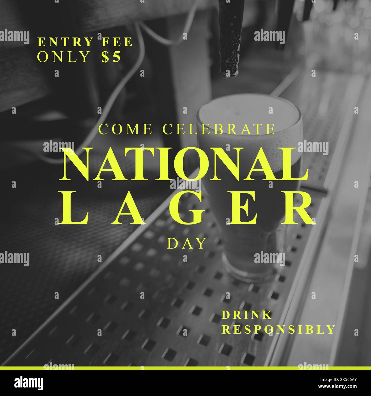 Square image of national lager day over glass with beer in black and ...