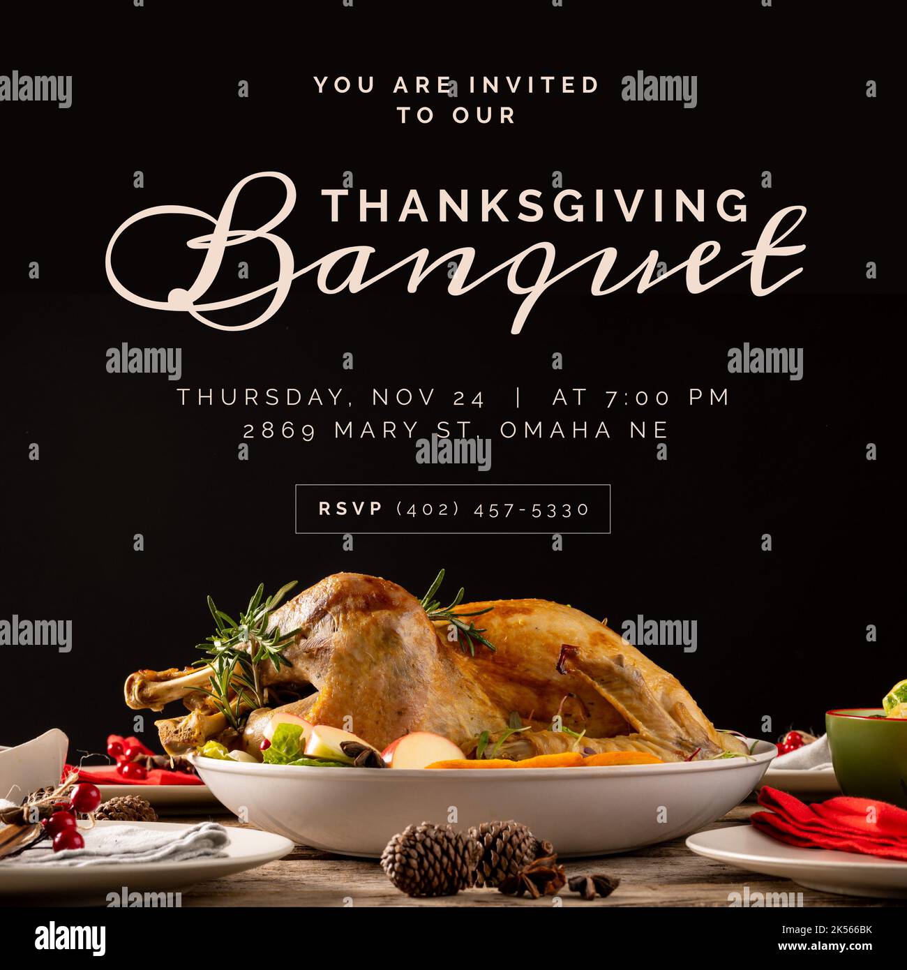 Composition of thanksgiving banquet text over dinner Stock Photo - Alamy