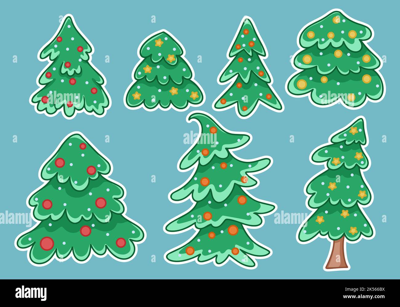 Christmas trees stickers set. Festive Christmas trees decorated with ...