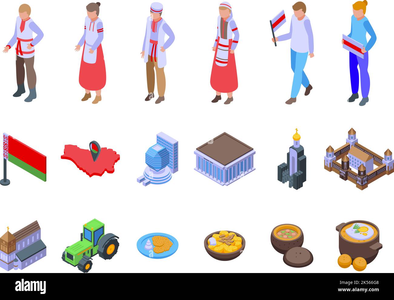 Belarus icons set isometric vector. Minsk architecture. Flag country ...