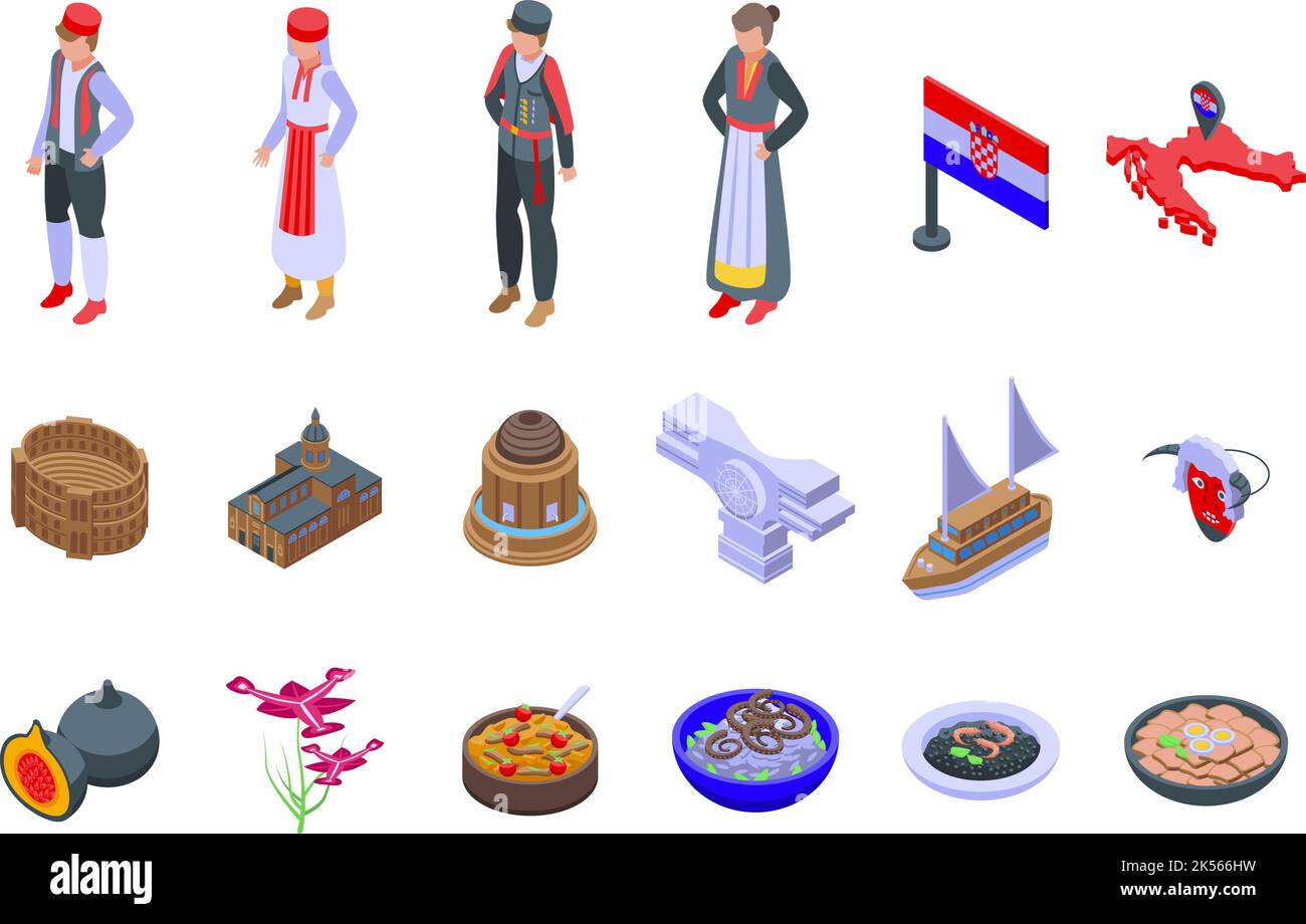 Croatia icons set isometric vector. Split zagreb. Food travel Stock ...