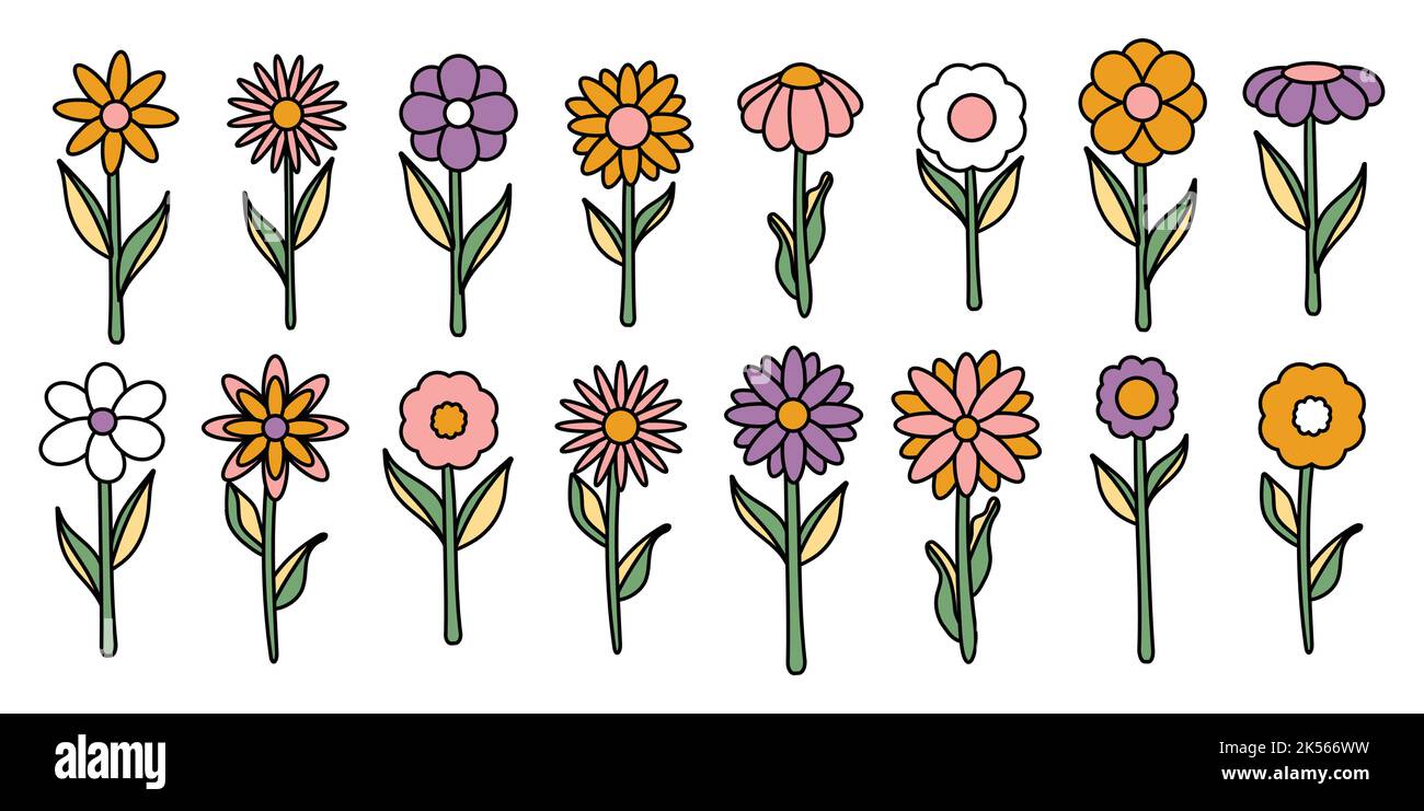 Collection of simple blooming flowers in 1970s psychedelic hippie style ...