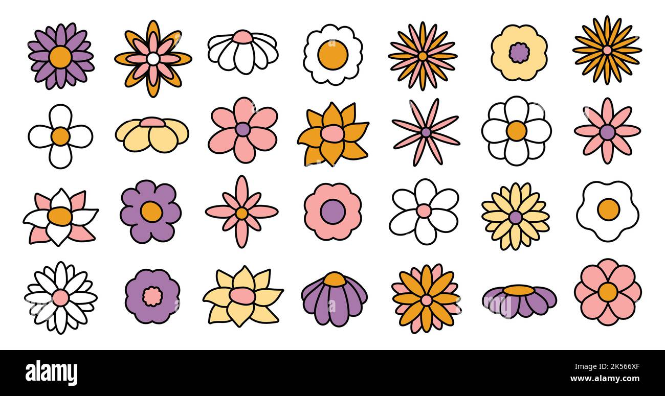 Collection of simple blooming flowers in 1970s psychedelic hippie style ...