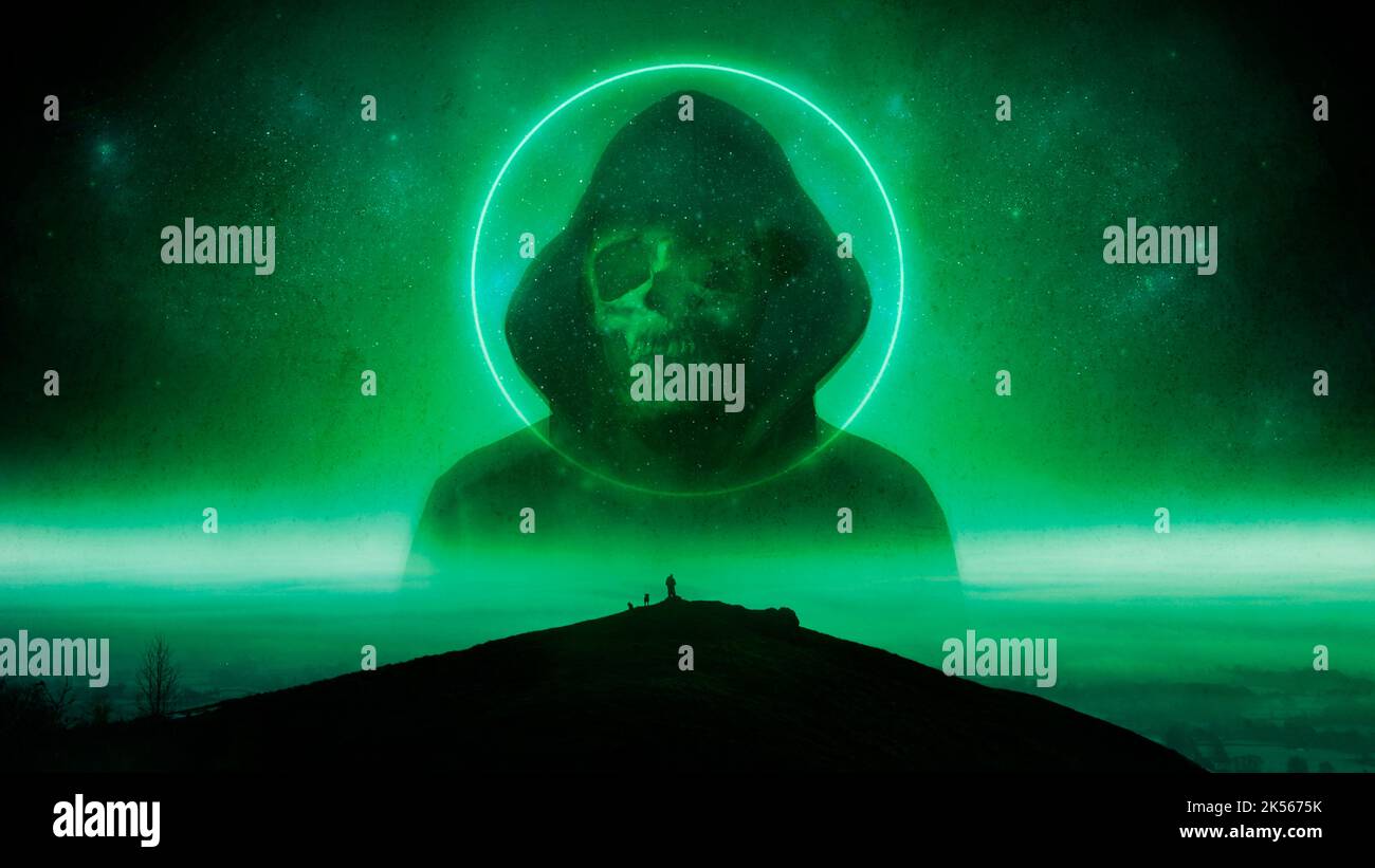 A horror concept of a man standing on a hill. Silhouetted against a ...