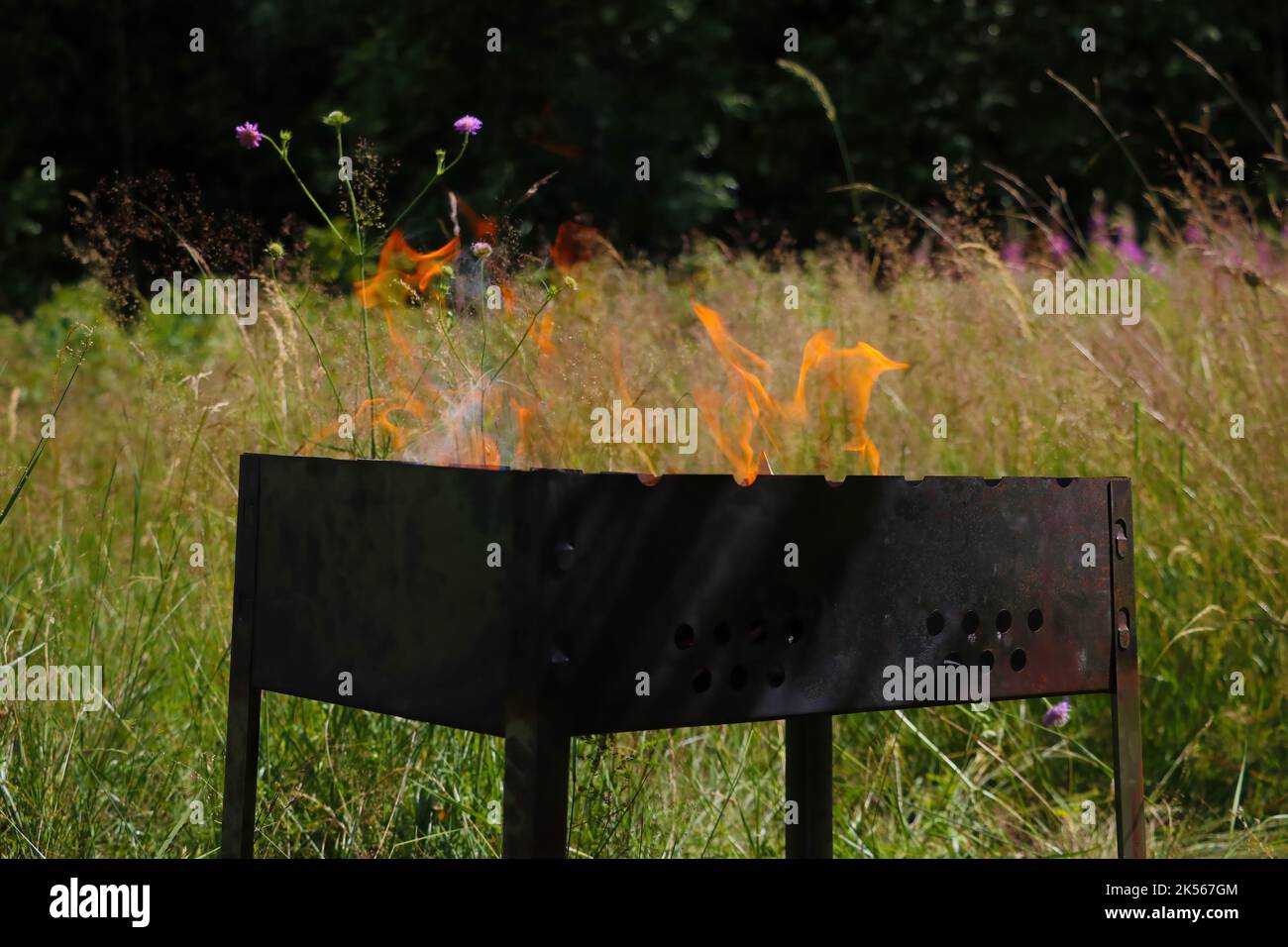 The flame of fire from a small brazier in a field Stock Photo - Alamy