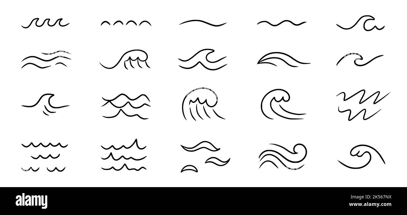 Wave sea line doodle icon set. Hand drawn sketch water wave outline ...