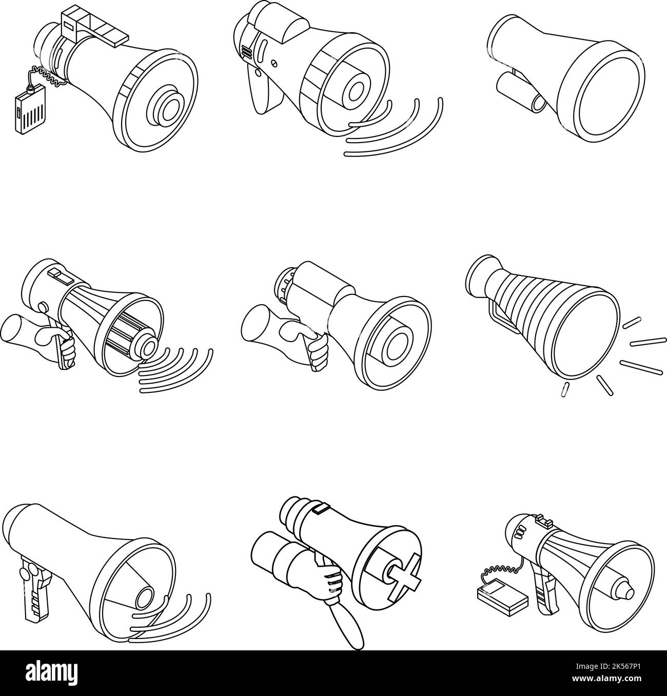 Megaphone icon set. Isometric set of megaphone vector icons outline ...