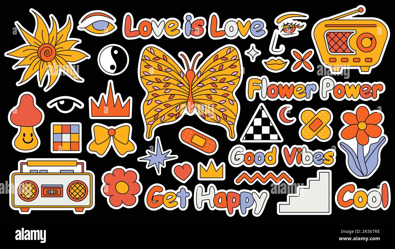 Set of hipster retro cool psychedelic elements. Collection stickers of ...