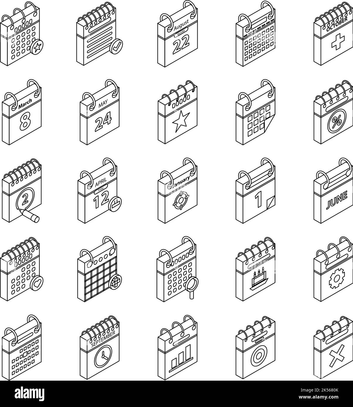 Calendar icon set. Isometric set of calendar vector icons outline ...