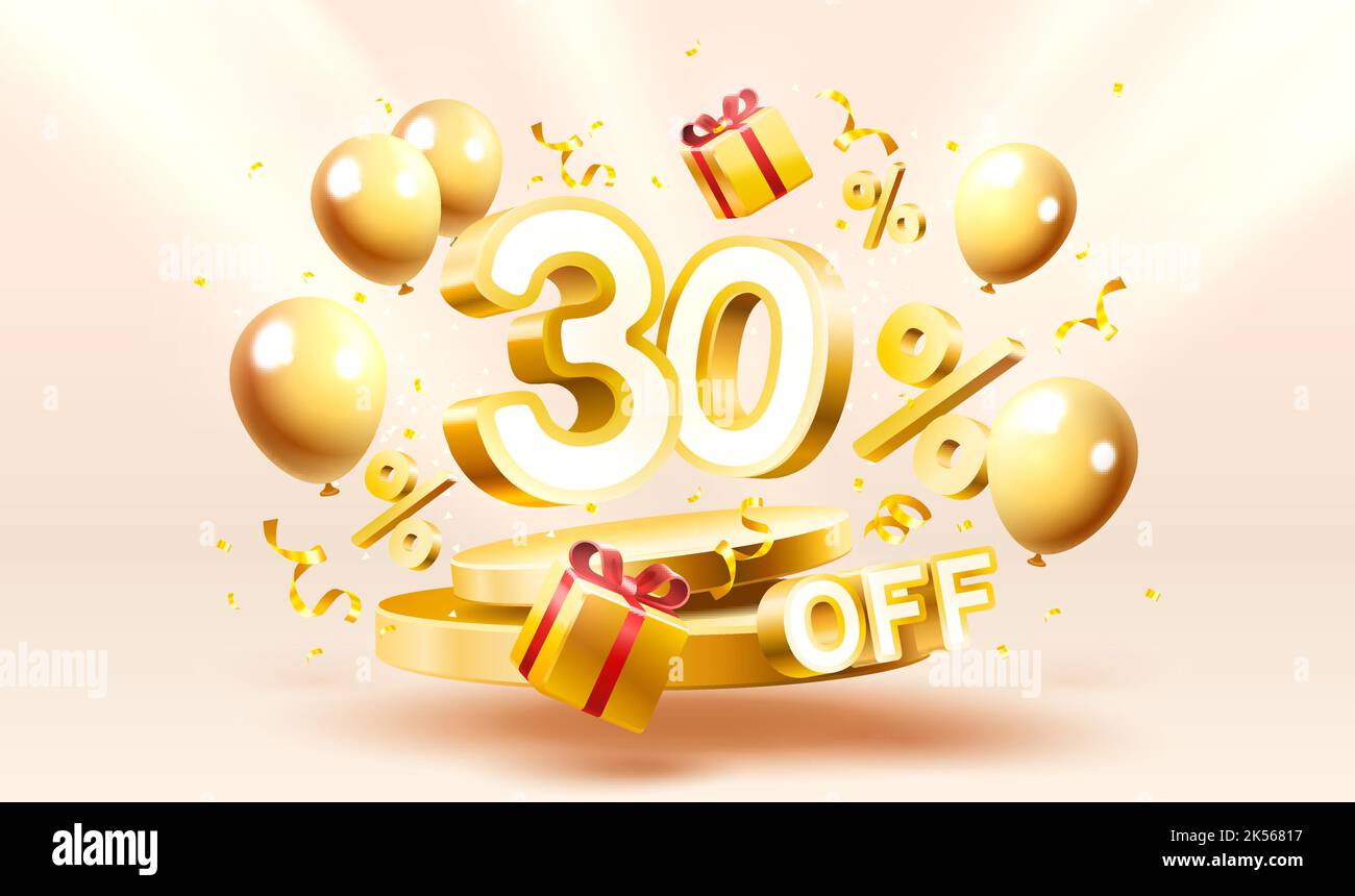 30 Off. Discount creative composition. 3d sale symbol with decorative objects, golden confetti ...