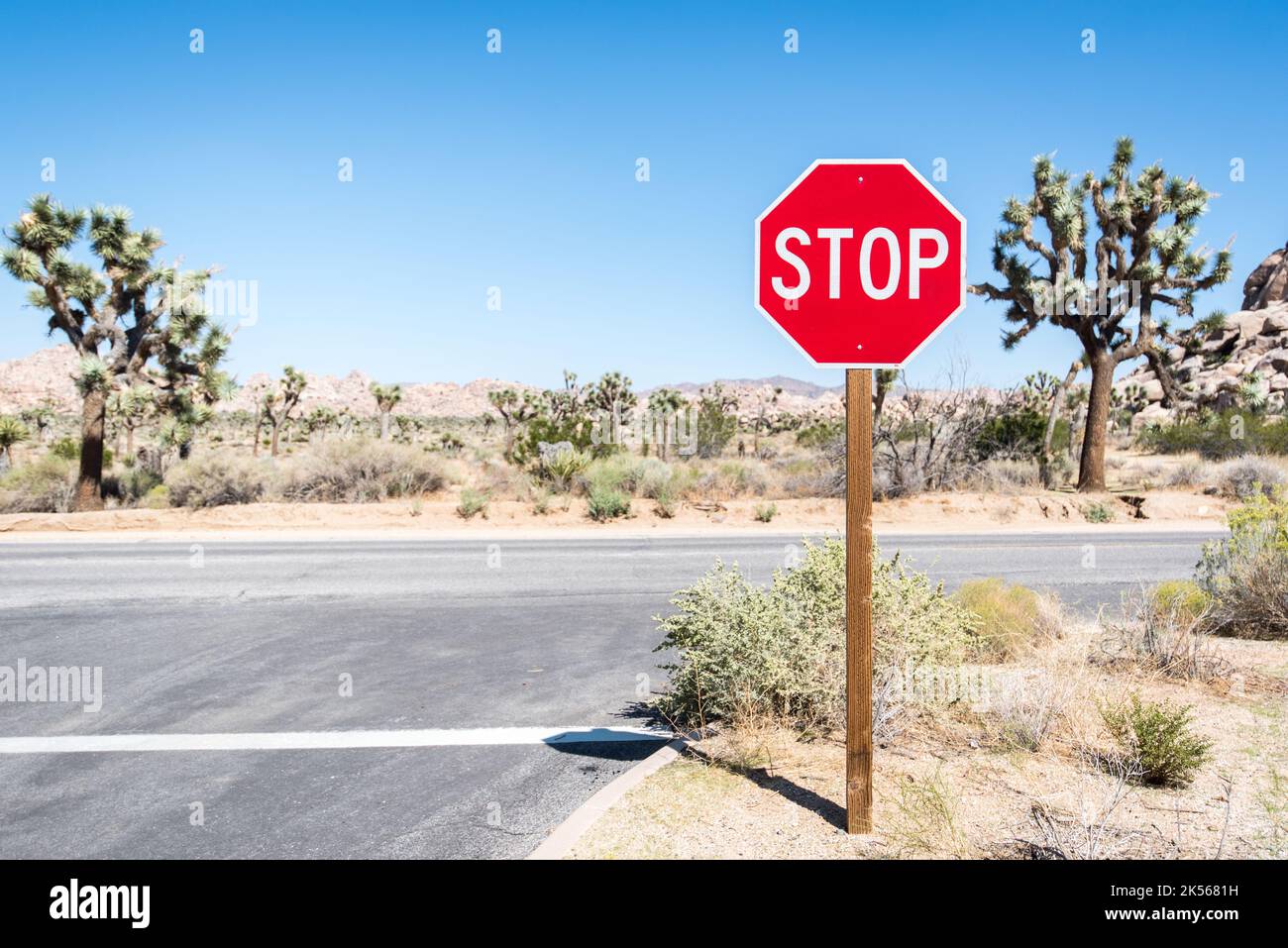 A stop sign on the highway road through the deserted rocky lands Stock ...