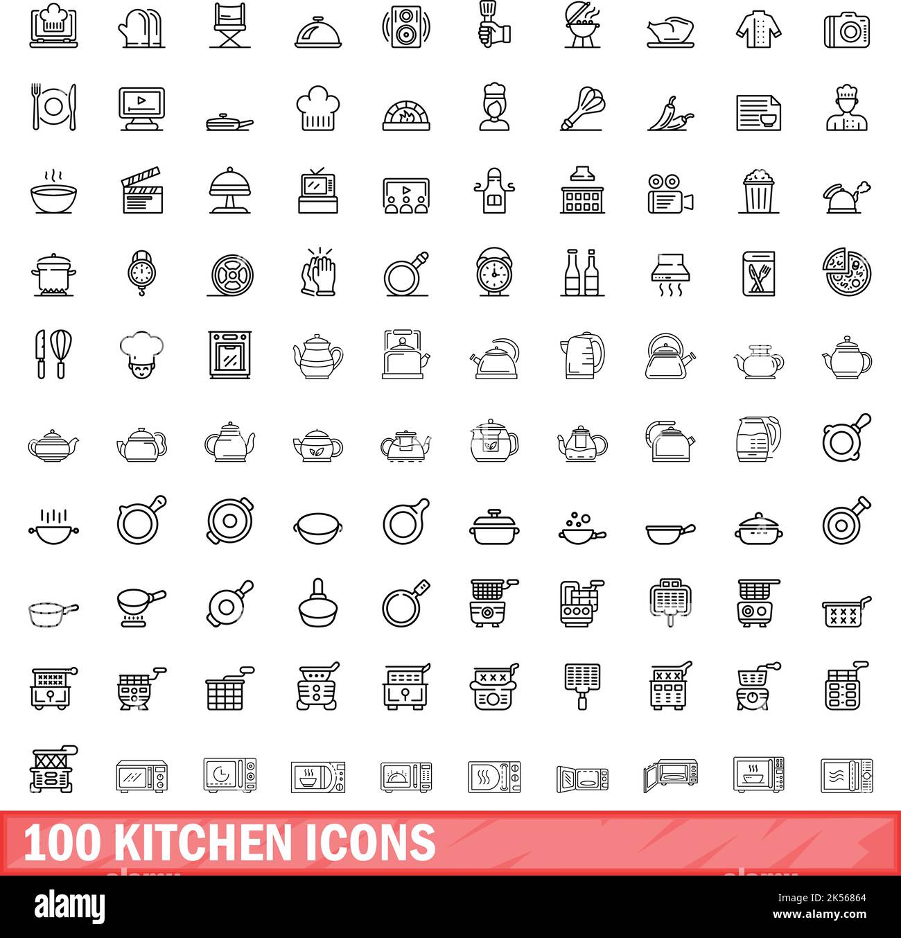 100 kitchen icons set. Outline illustration of 100 kitchen icons vector ...