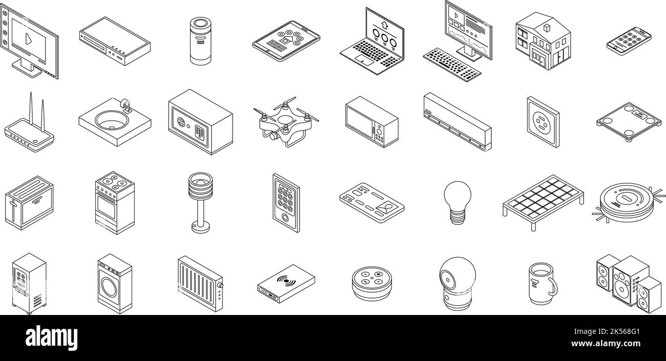 Smart home icons set. Isometric set of smart home vector icons outline ...