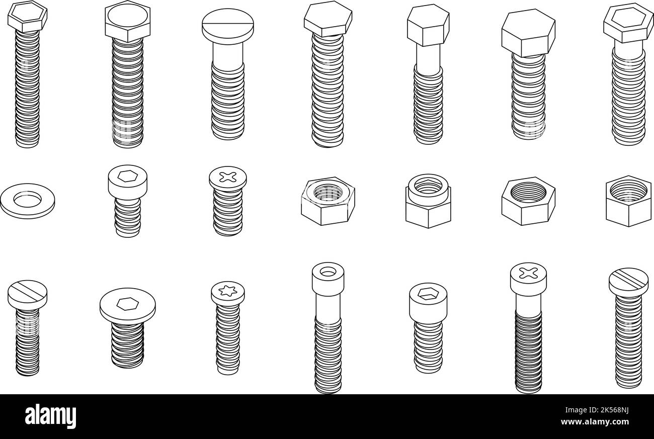 Screw-bolt icons set. Isometric set of screw-bolt vector icons outline ...