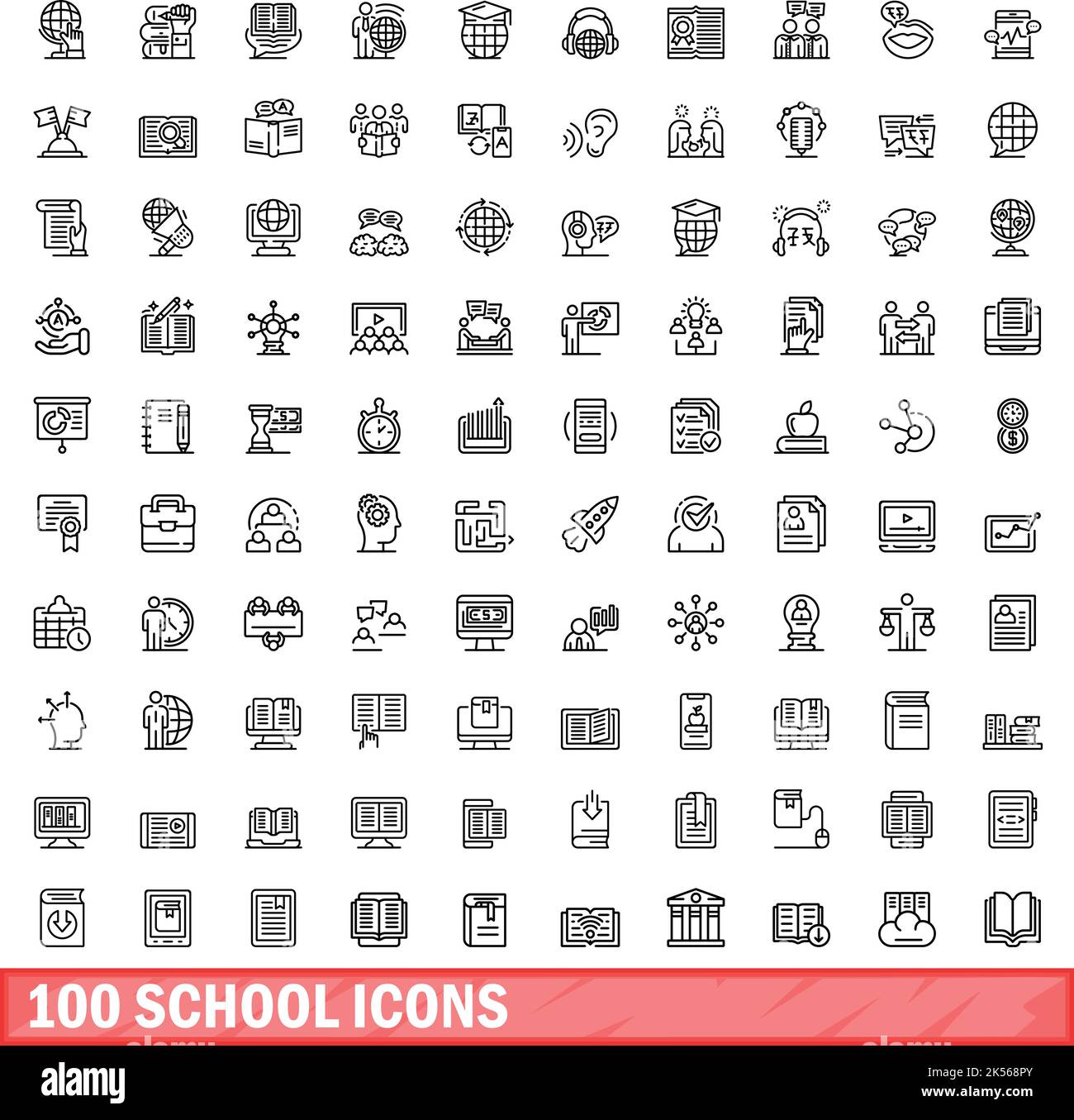 100 school icons set. Outline illustration of 100 school icons vector ...