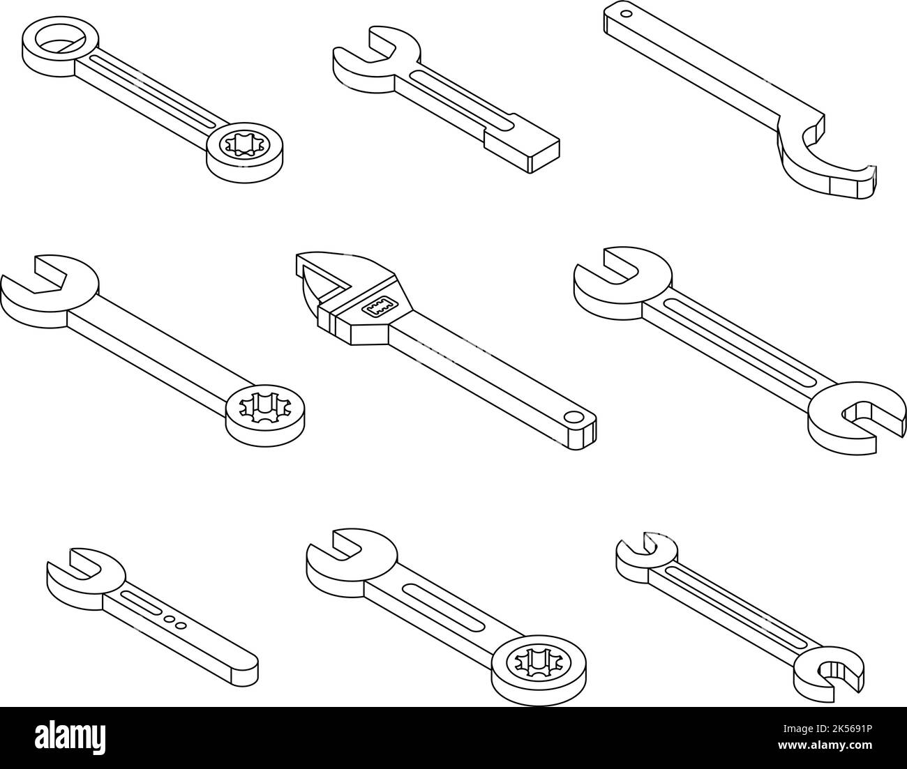 Wrench icons set. Isometric set of wrench vector icons outline isolated ... Wrench icons set. Isometric set of wrench vector icons outline isolated ...