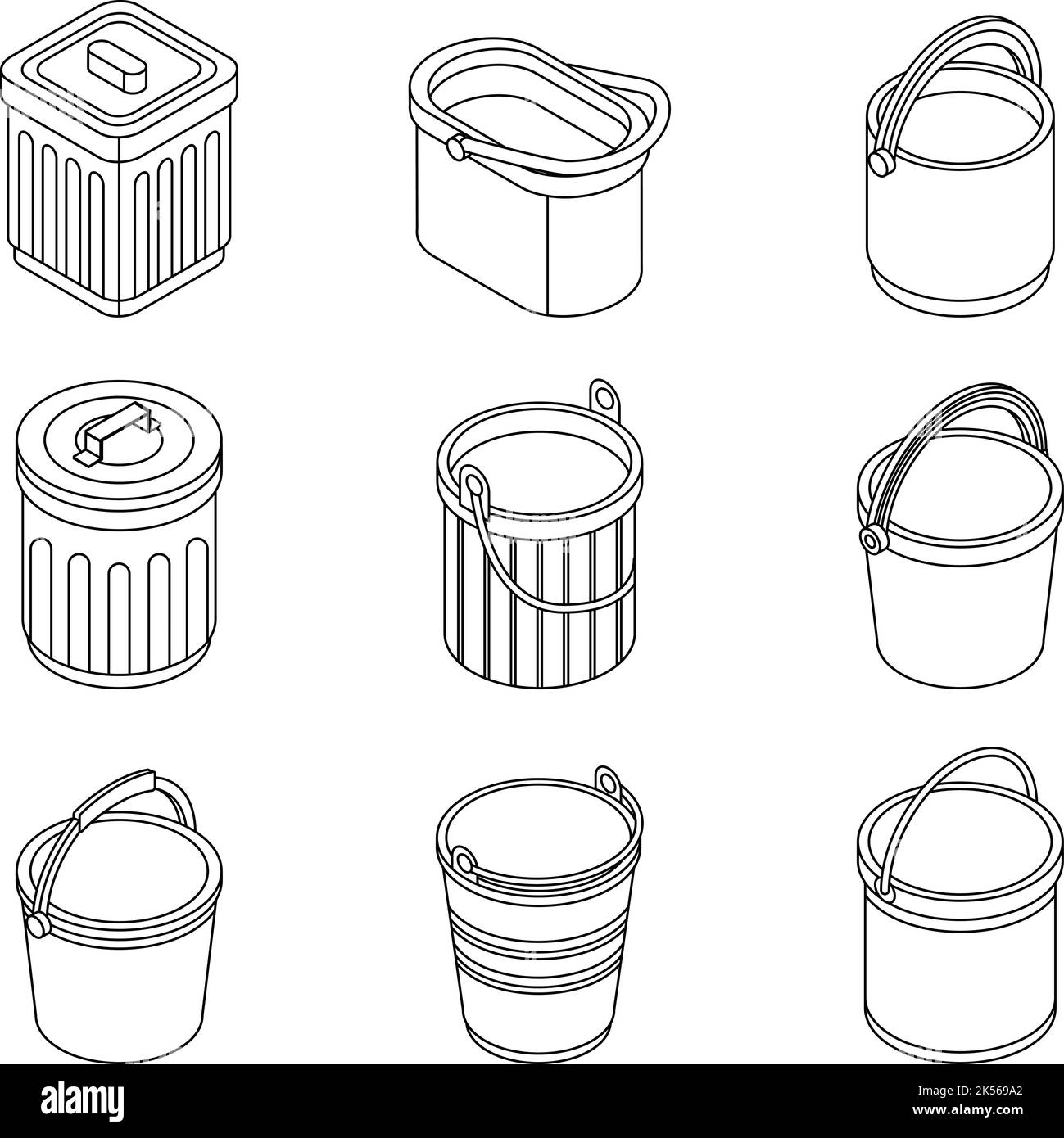 Bucket icon set. Isometric set of bucket vector icons outline isolated ...