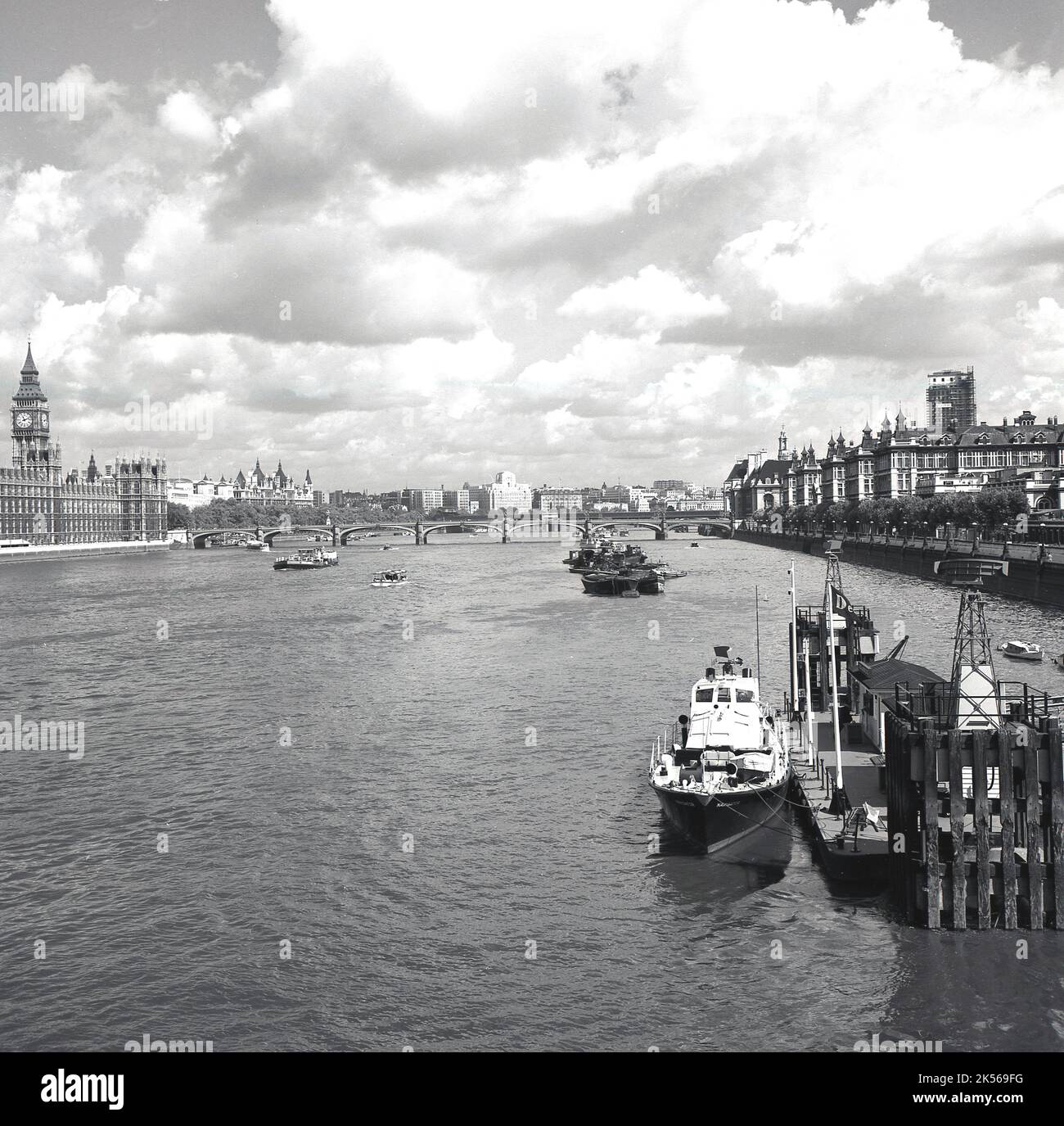 1950s, historical, a view along the river Thames, London, England, UK ...