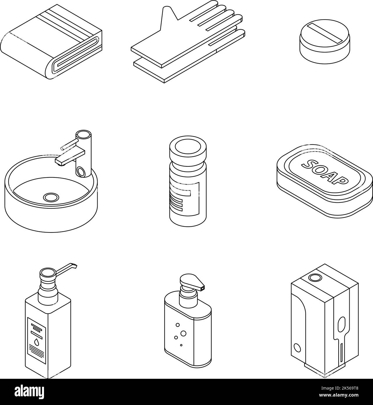 Sanitation icons set. Isometric set of sanitation vector icons outline ...