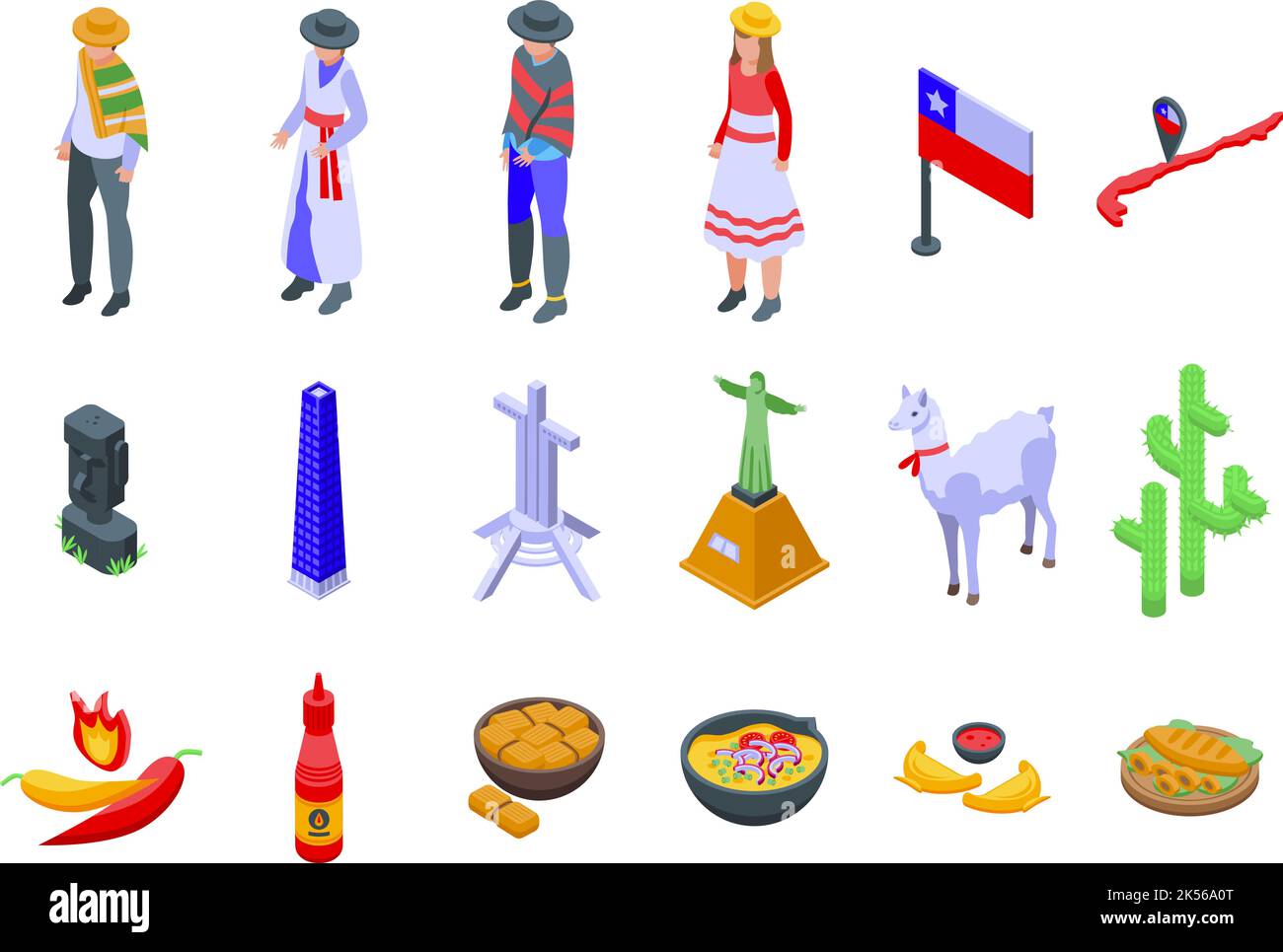 Chile icons set isometric vector. Map adventure. Travel america Stock ...