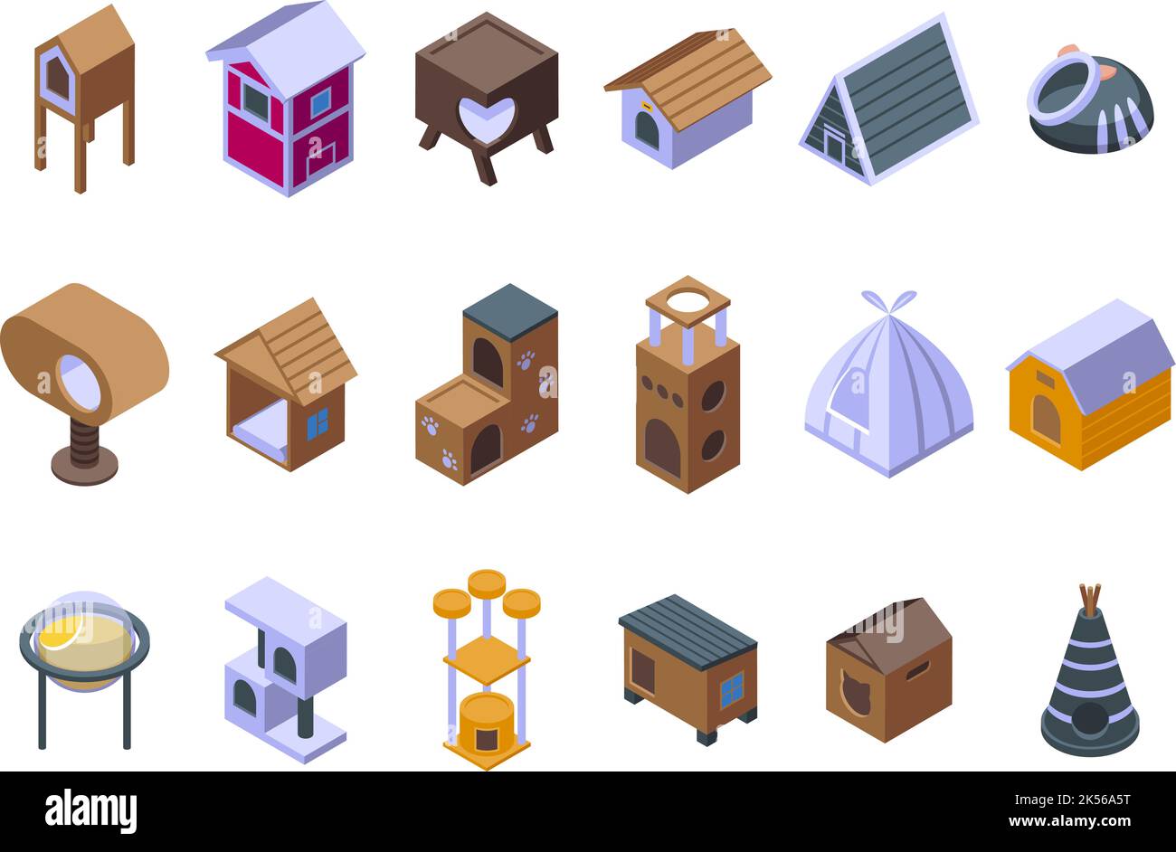 Cat house icons set isometric vector. Tree tower. Post house Stock ...