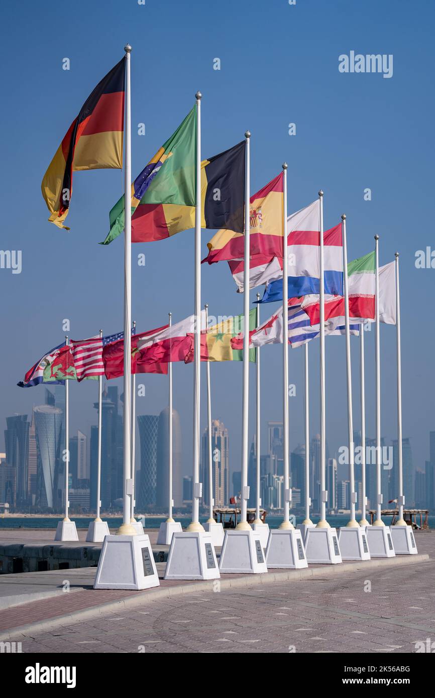 Flags of nations qualified for World Cup 2022 Qatar at Doha Corniche ...