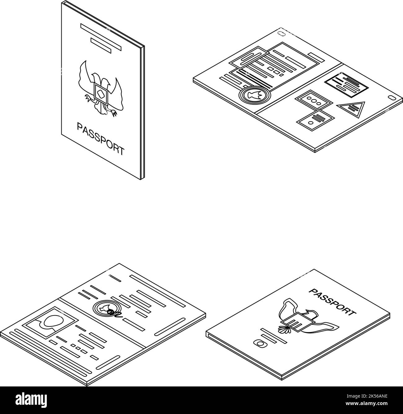 Passport icons set. Isometric set of passport vector icons outline ...