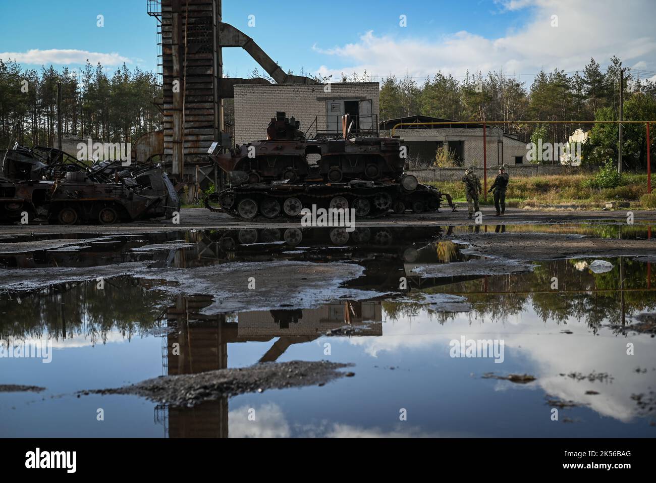 Lyman, Ukraine, October 5, 2022, Two Ukrainian servicemembers patrol ...
